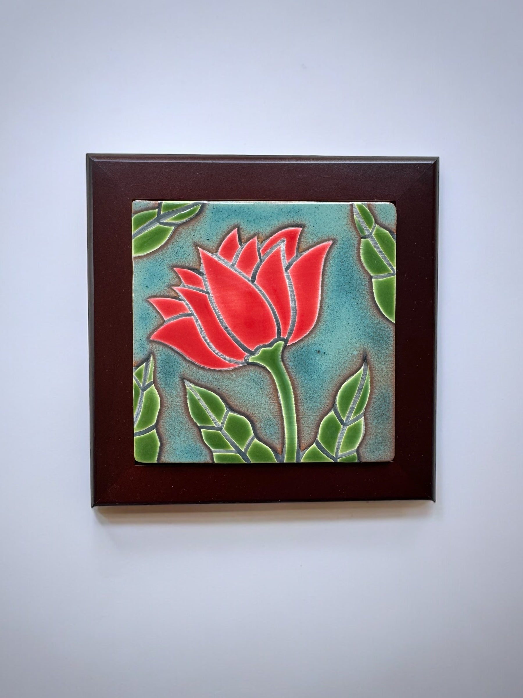 framed 4"x4" red lotus tile – Elizabeth Cahill By Hand